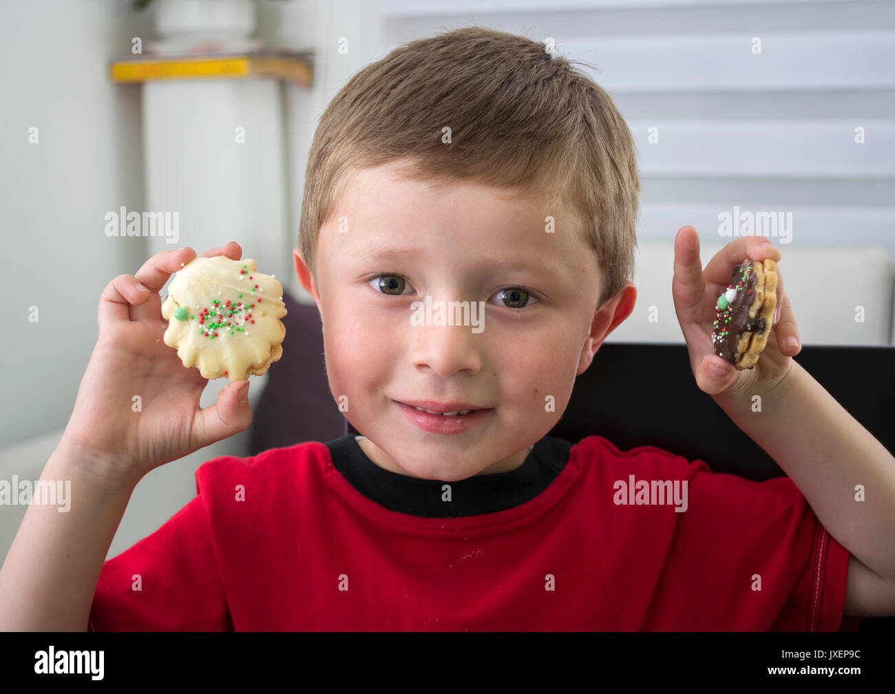 Smart and cheerful boy offering you a chocolate cookie Stock Photo - Alamy