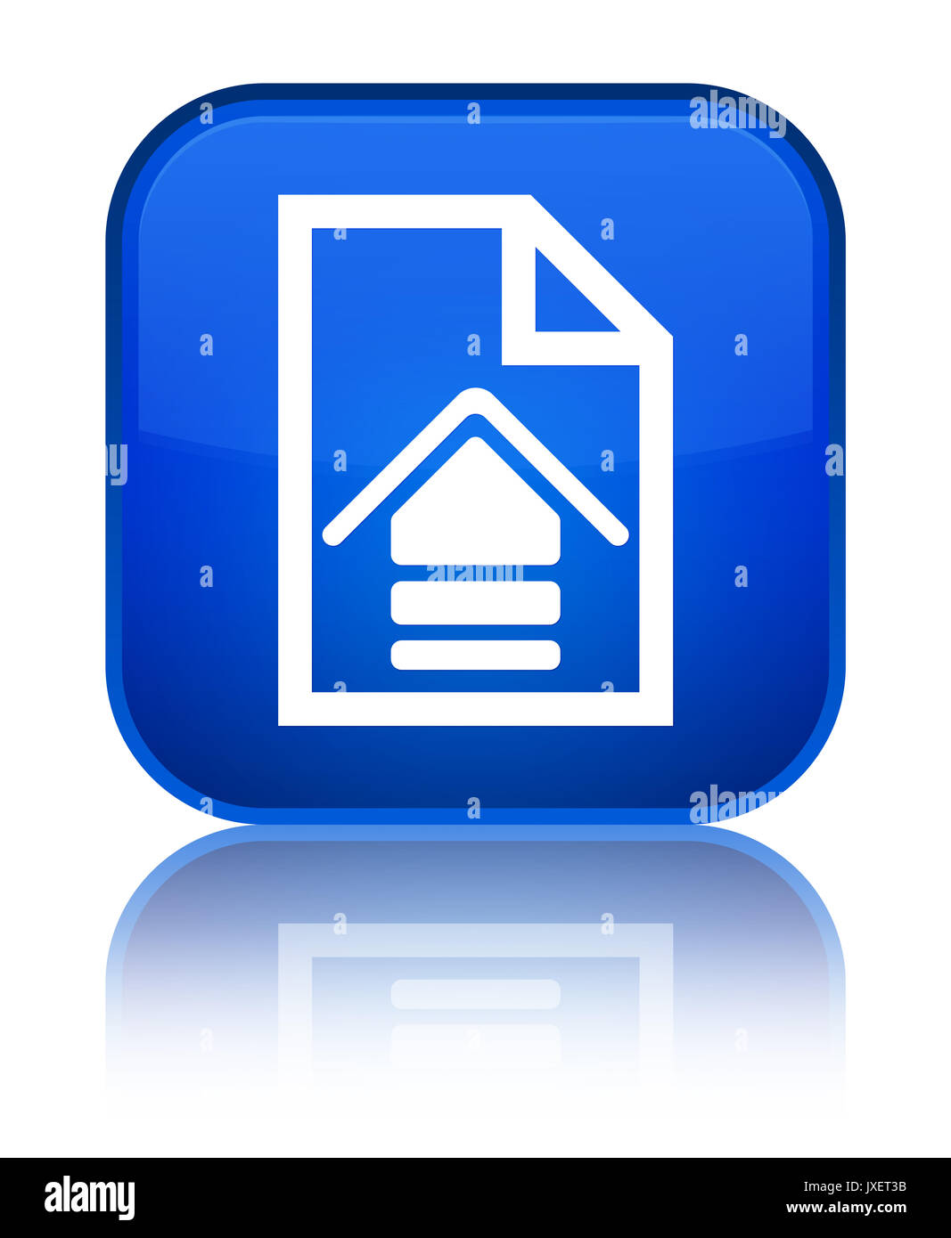 Upload document icon isolated on special blue square button reflected ...