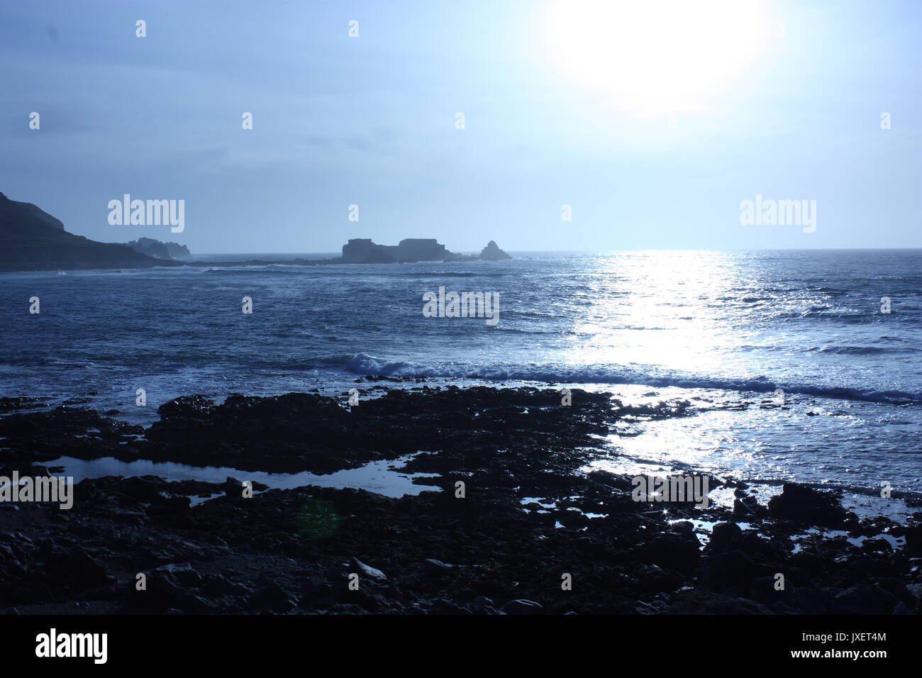 British Channel Islands. Alderney. View of coast and distant Fort ...