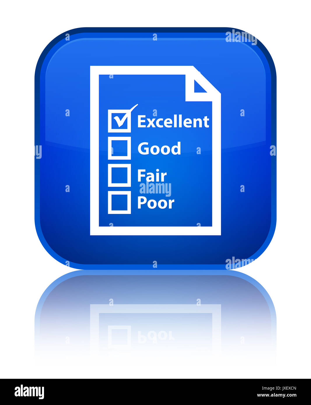 Questionnaire icon isolated on special blue square button reflected ...
