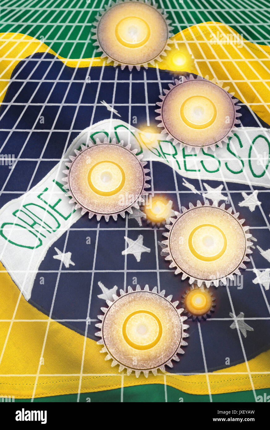 INTERLOCKING COG GEARS ON GRID OVER FLAG OF BRAZIL Stock Photo - Alamy