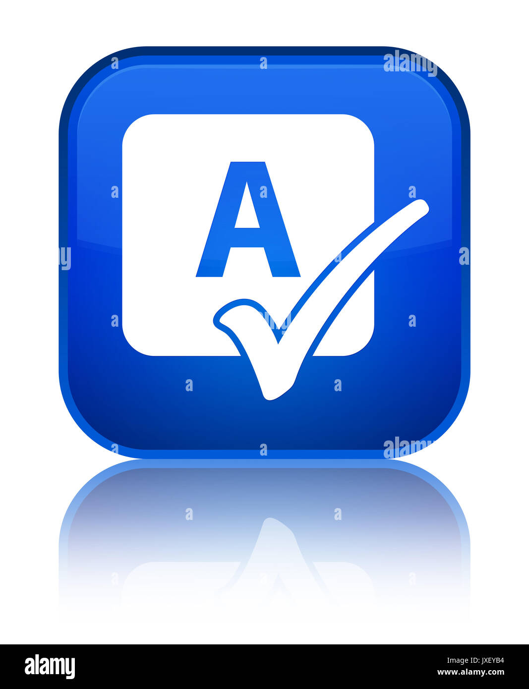 Spell check icon isolated on special blue square button reflected ...