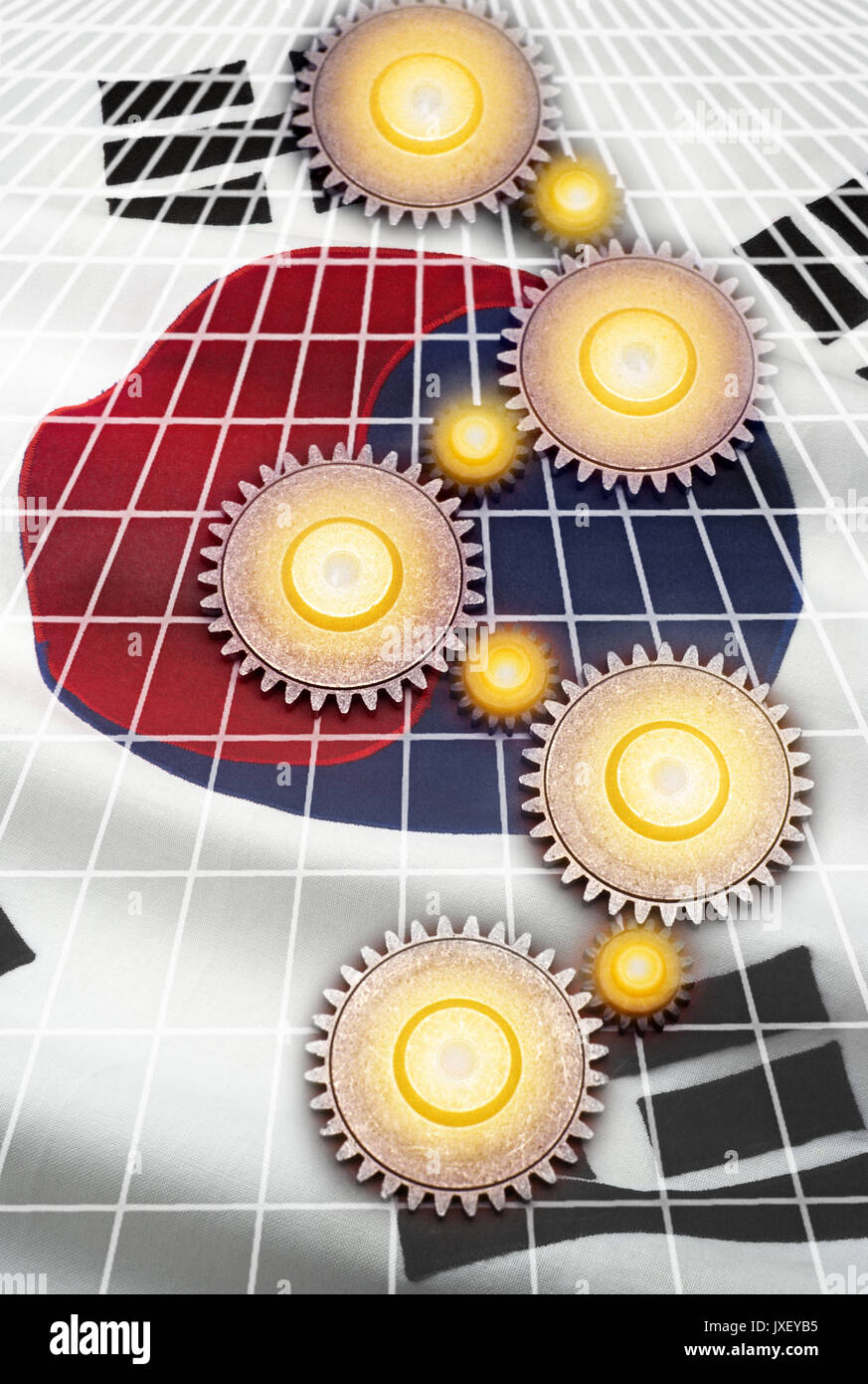 INTERLOCKING COG GEARS ON GRID OVER FLAG OF REPUBLIC OF KOREA Stock ...