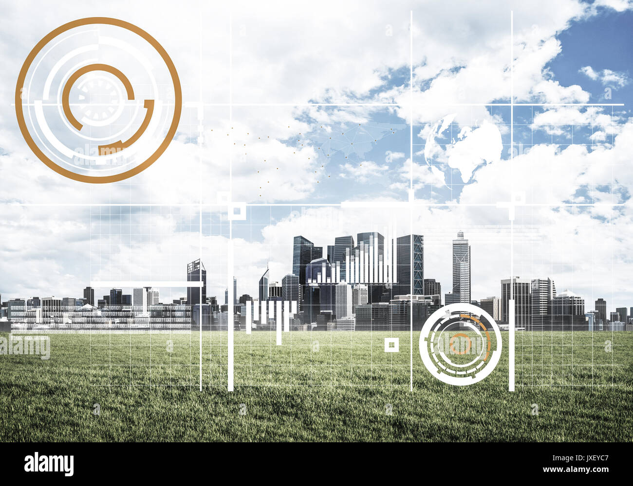 Natural background with modern cityscape green field and media i Stock ...