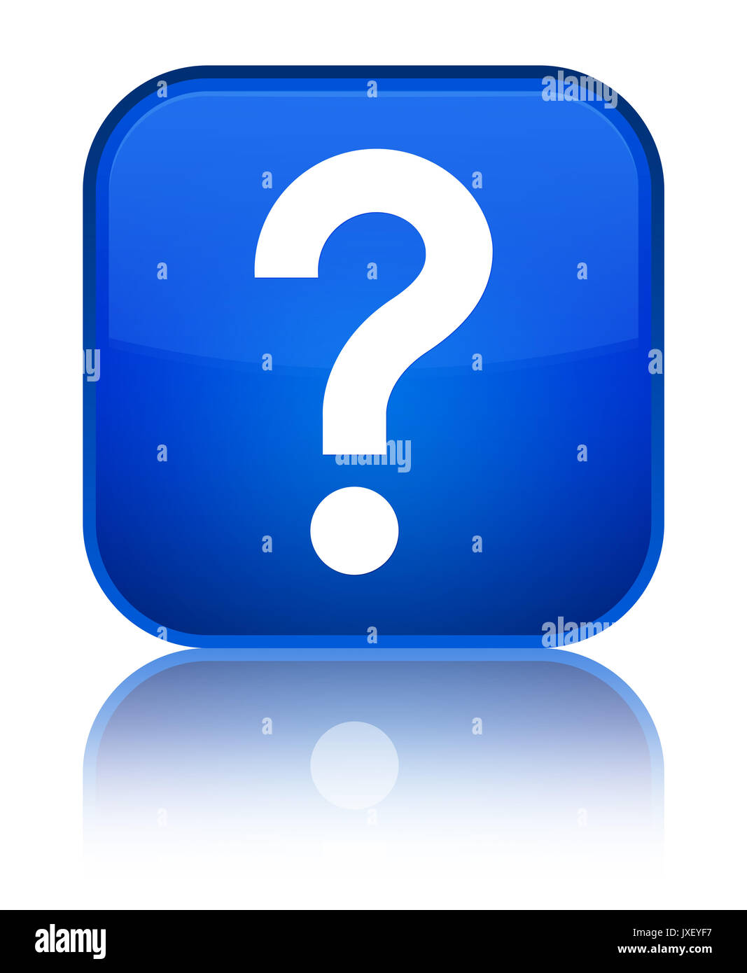 Question mark icon isolated on special blue square button reflected ...