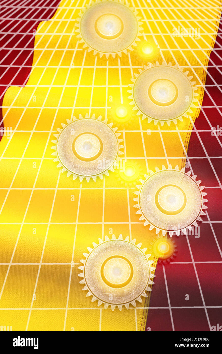 INTERLOCKING COG GEARS ON GRID OVER FLAG OF SPAIN Stock Photo - Alamy