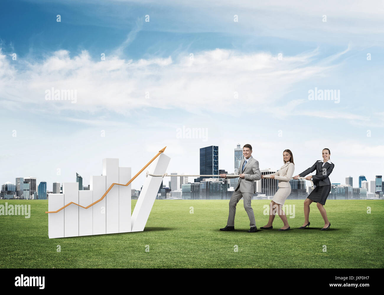 Businessteam working in collaboration making diagram grow and progress ...