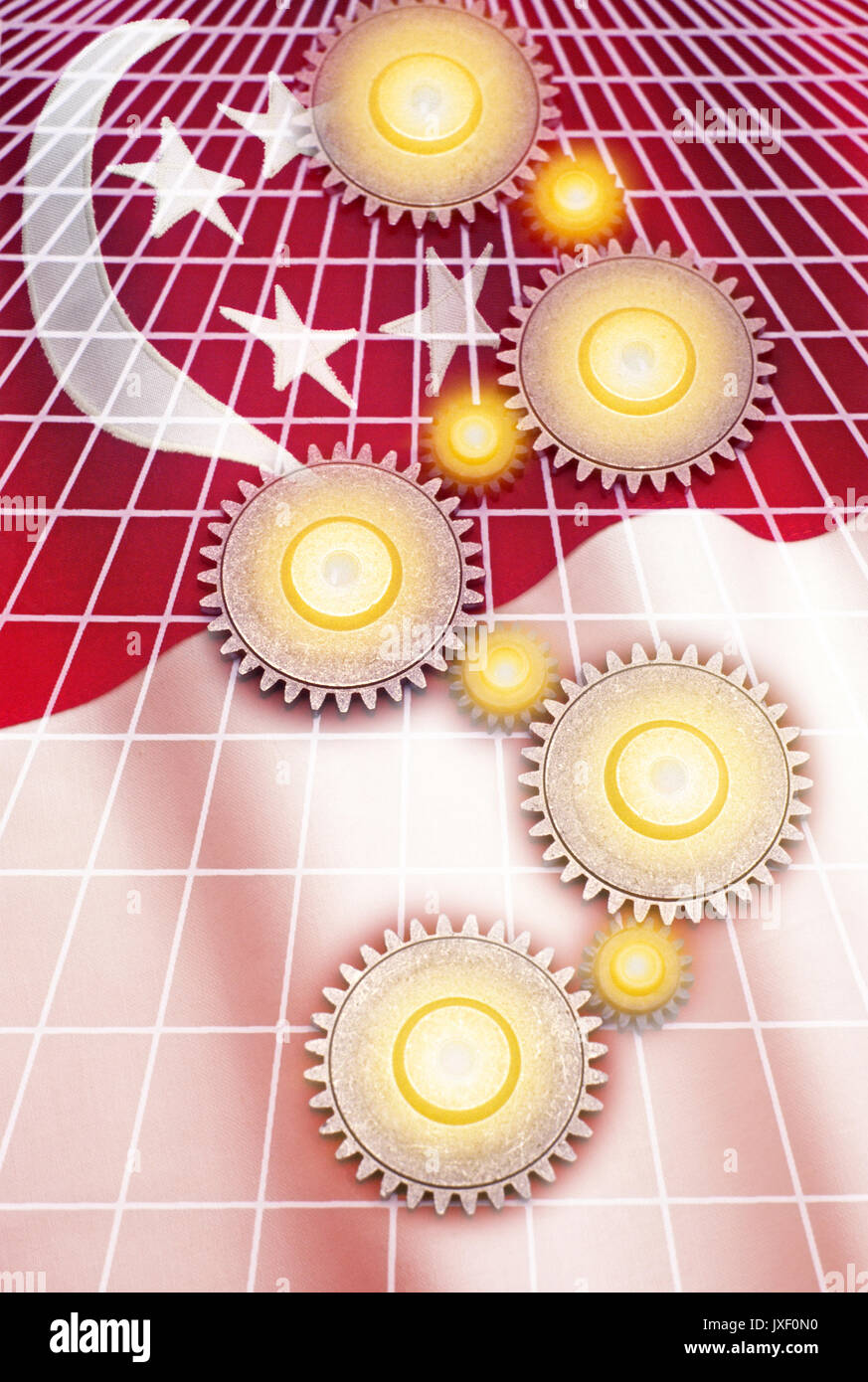 INTERLOCKING COG GEARS ON GRID OVER FLAG OF SINGAPORE Stock Photo - Alamy