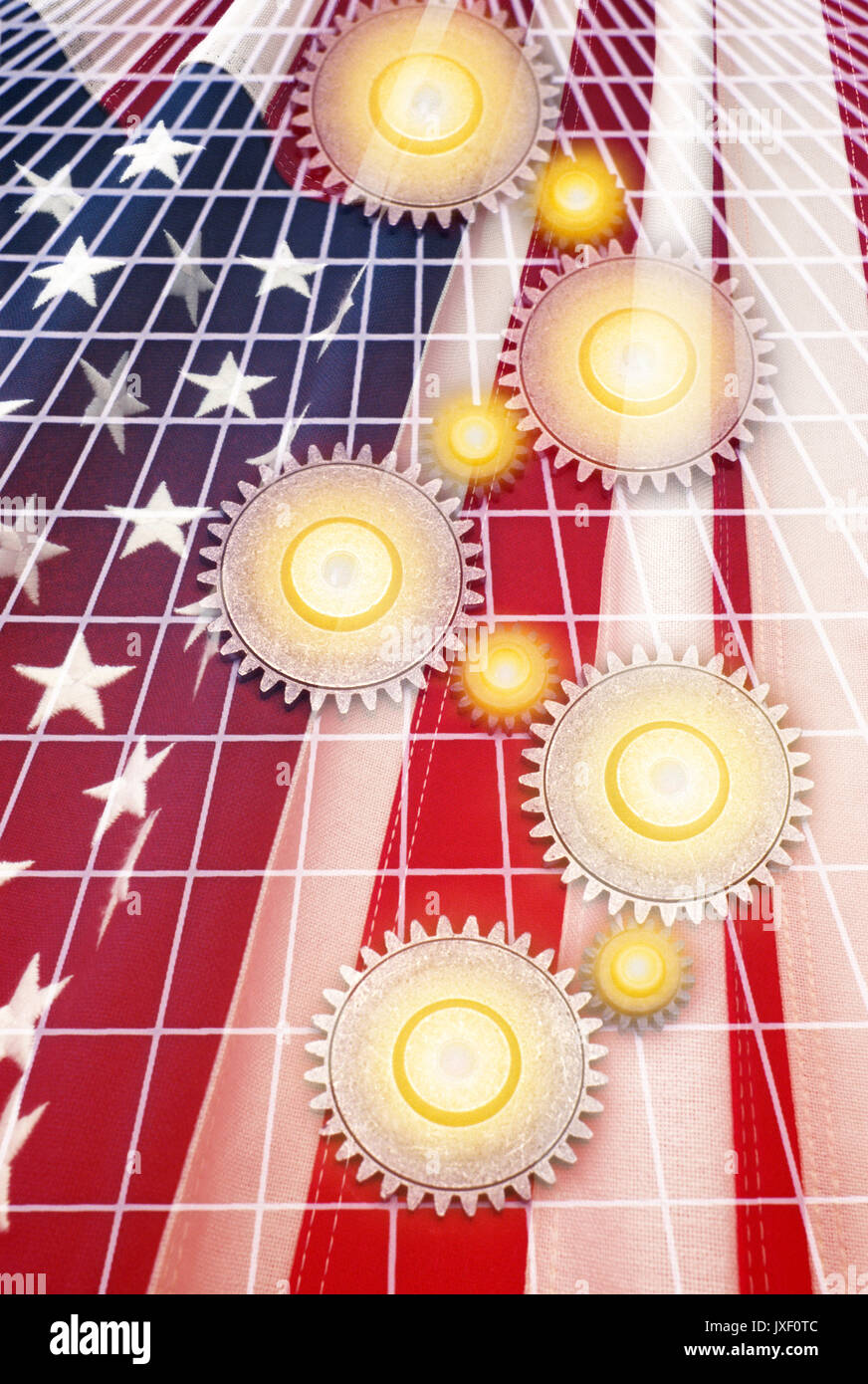 INTERLOCKING COG GEARS ON GRID OVER FLAG OF UNITED STATES OF AMERICA ...