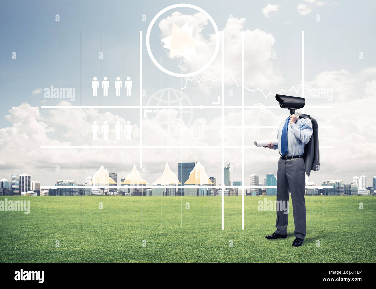 Camera headed man standing on green grass against modern citysca Stock ...