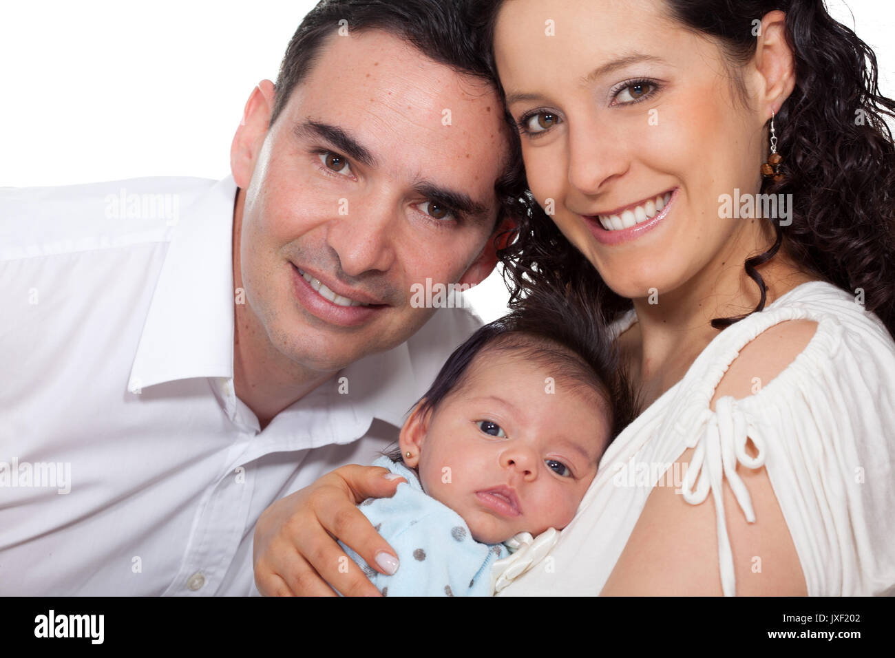 Parents with their one month baby girl on white background Stock Photo ...