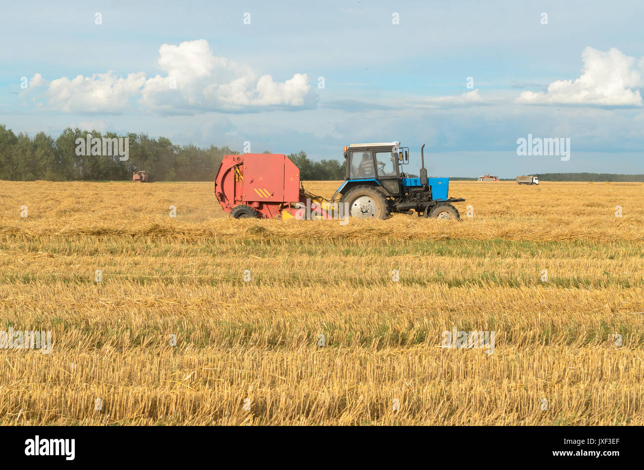 Special machines for harvesting form round bales of hay Stock Photo - Alamy
