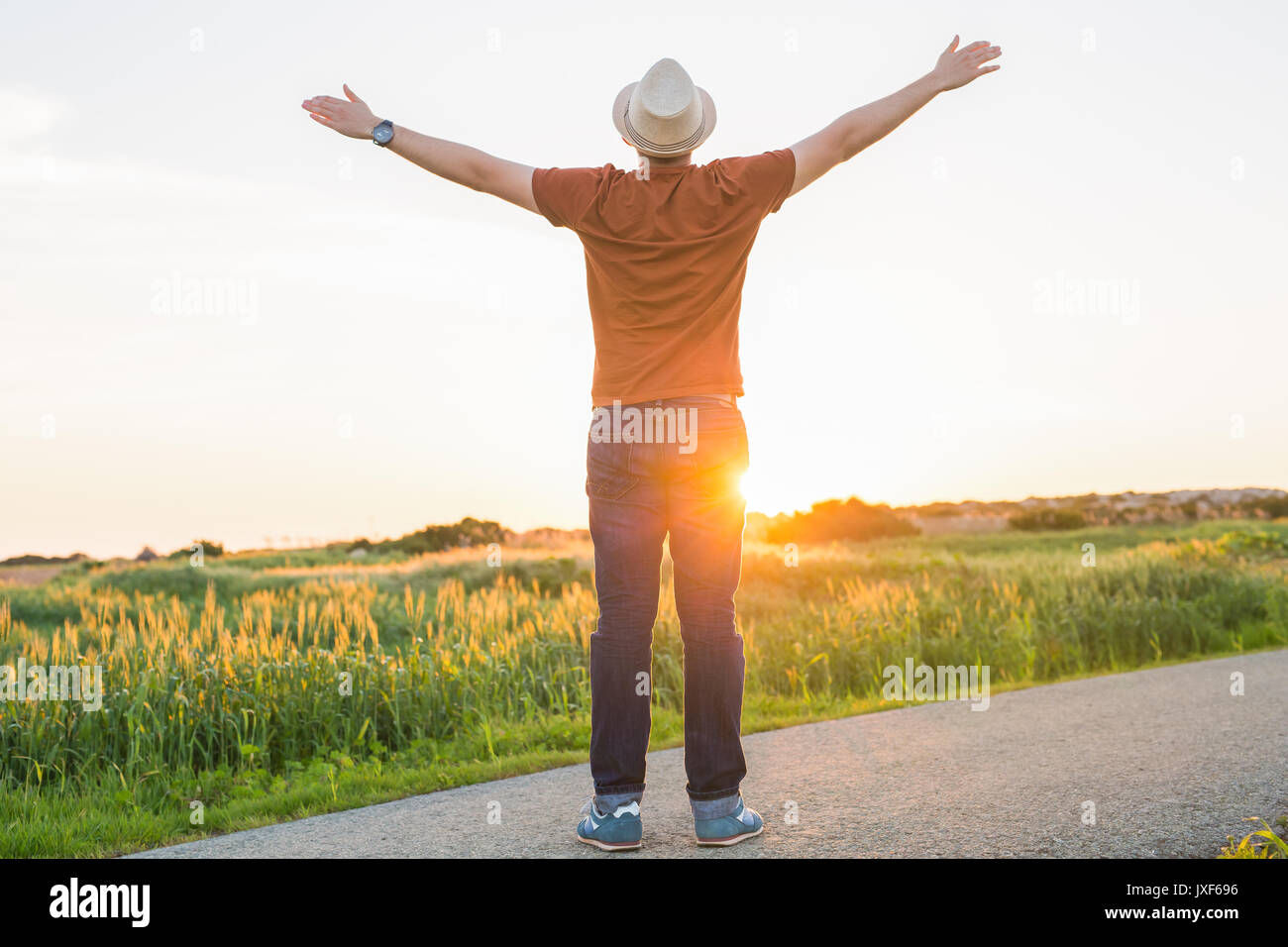 Silhouette freedom man rise hands up inspire good morning. Christian ...