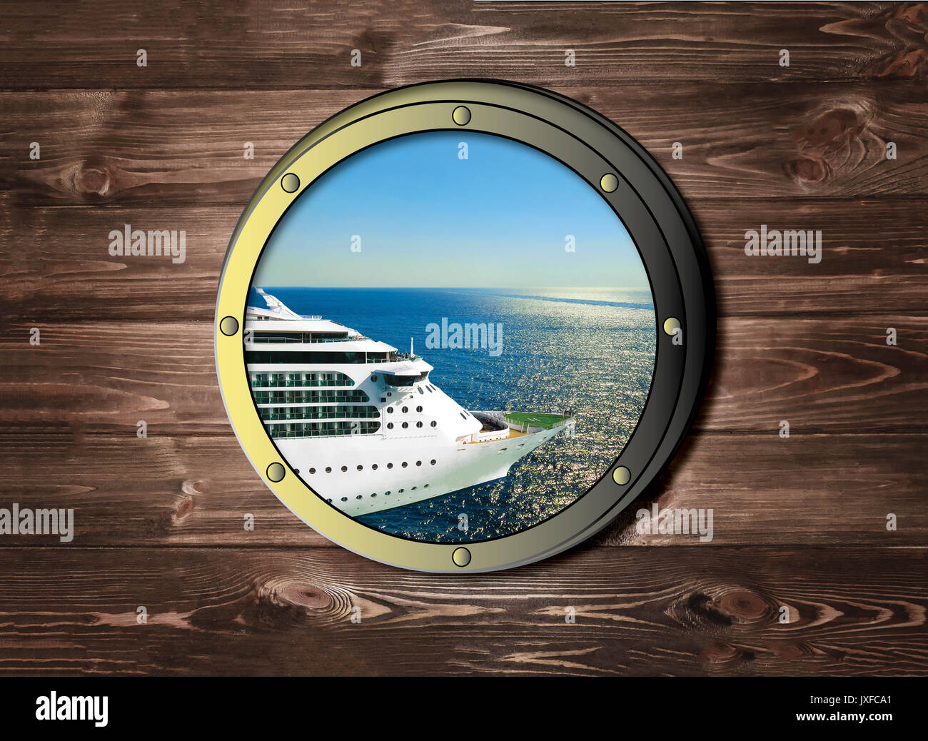 The ship window with sea or ocean and cruise liner. Travel and ...