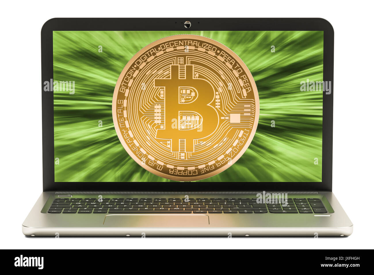 Bitcoin mining concept with laptop, 3D rendering isolated on white ...