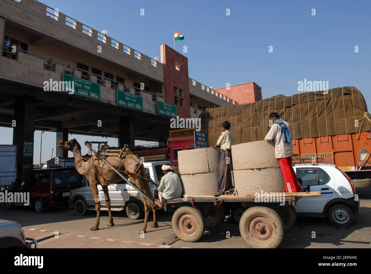 India, camel cart at Toll Station, highway between Delhi and Jaipur ...