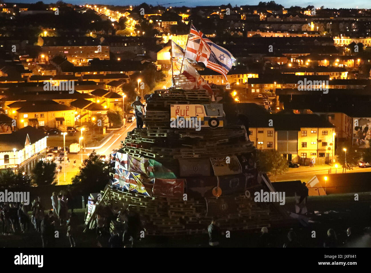 Flags on a bonfire, in the bogside area of Londonderry, which is ...