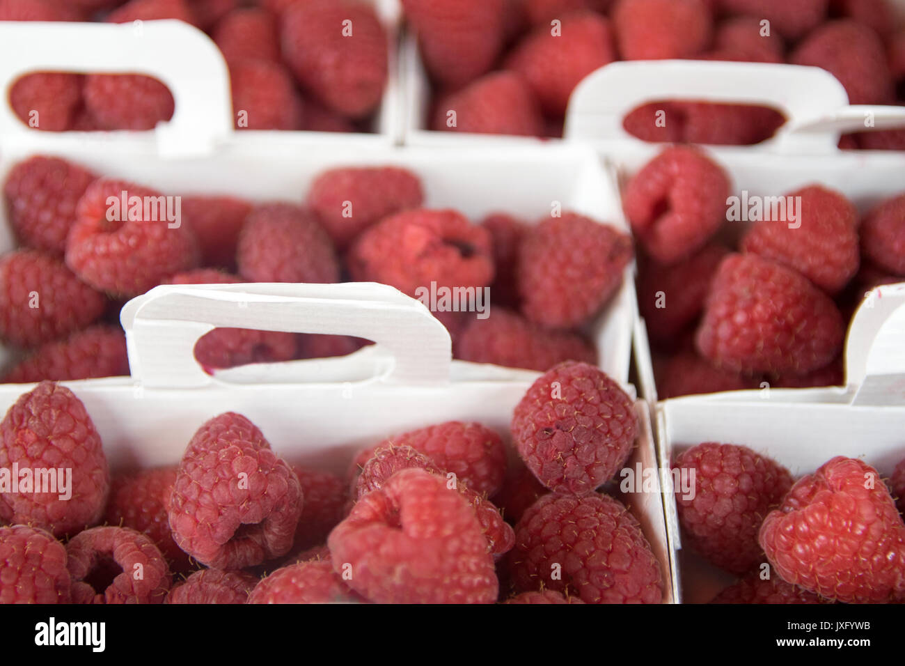 Raspberries boxes for sale Stock Photo - Alamy