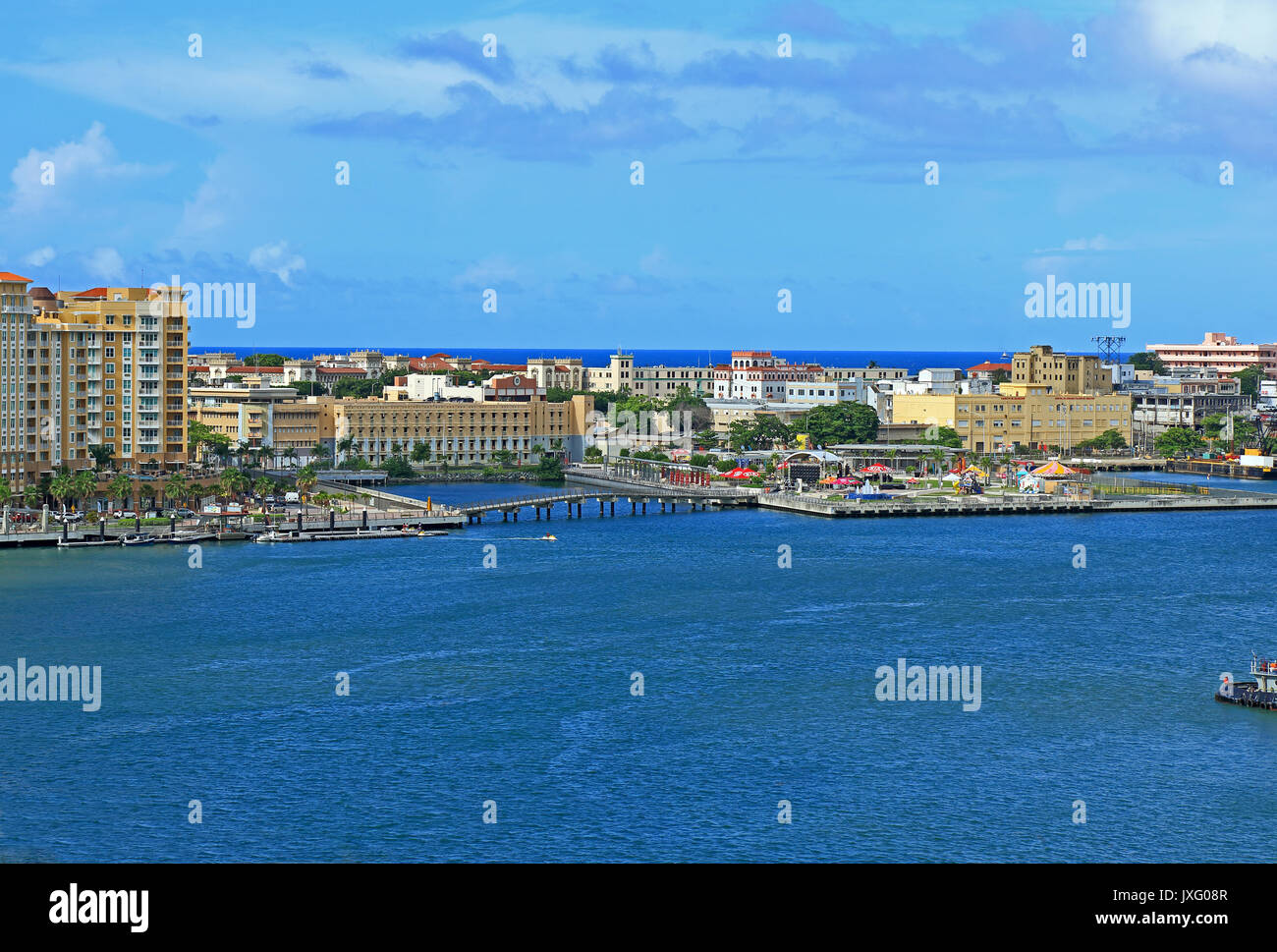 A view over the bay to the harbour at San Juan in Puerto Rico Stock ...