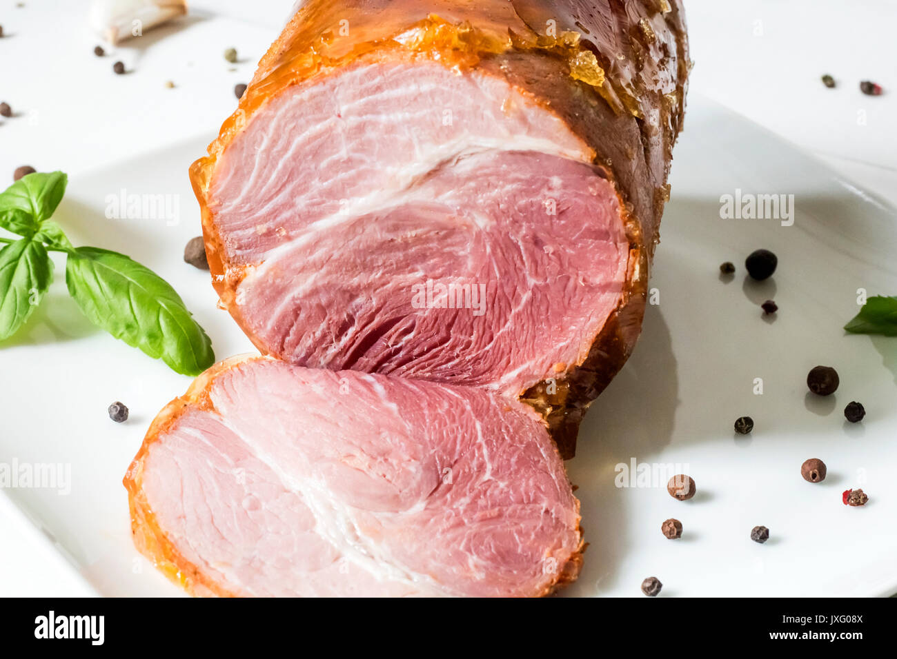 homemade ham on wooden table Stock Photo - Alamy