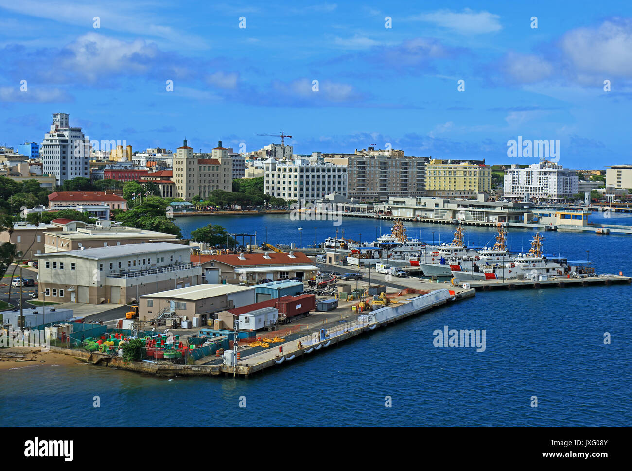A view over the bay to the harbour at San Juan in Puerto Rico Stock ...