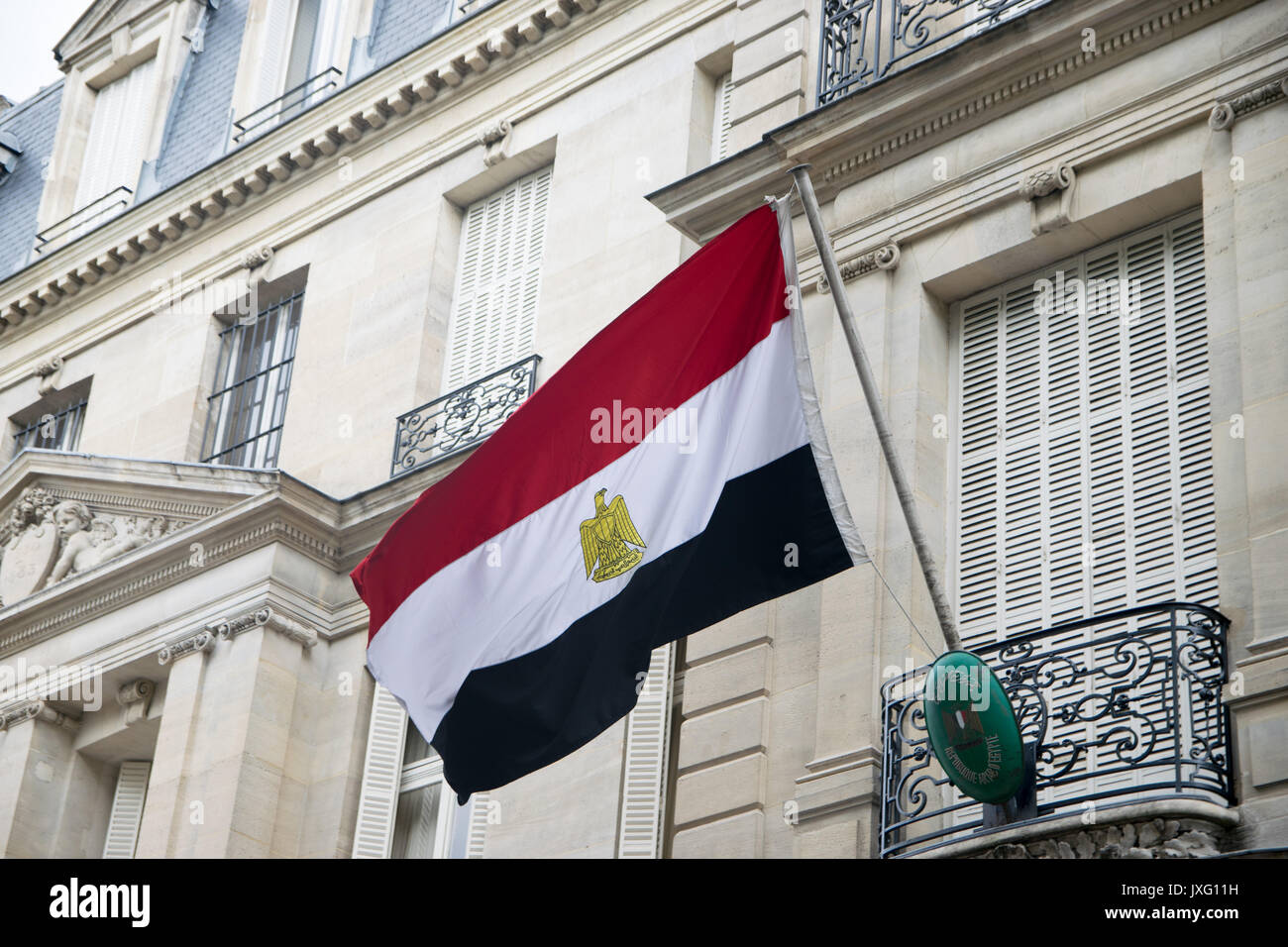 PARIS, FRANCE - JUNE 06, 2017: Flag waving at the Embassy of Egypt in ...