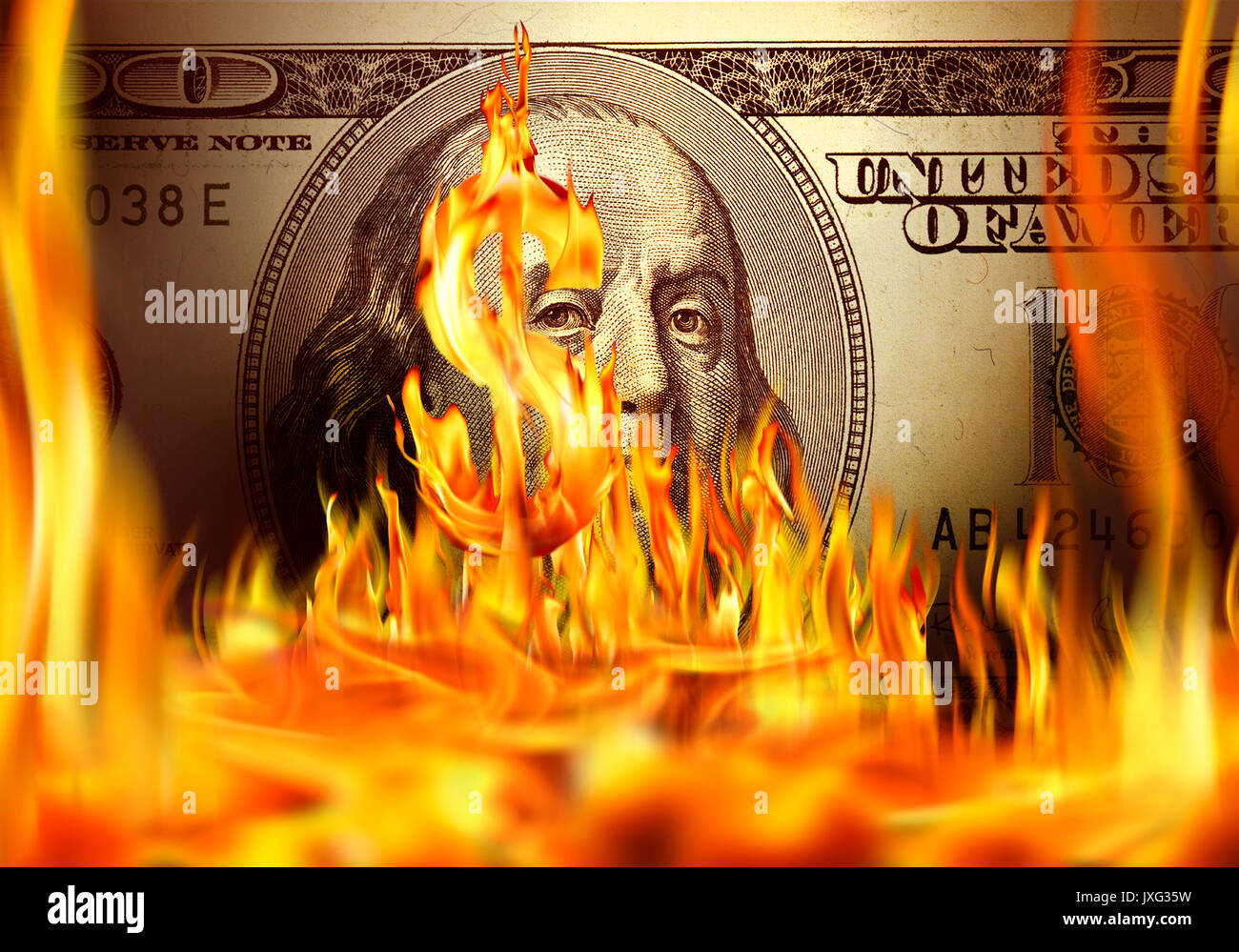 Conceptual image of burning dollar bill and fire flames Stock Photo - Alamy