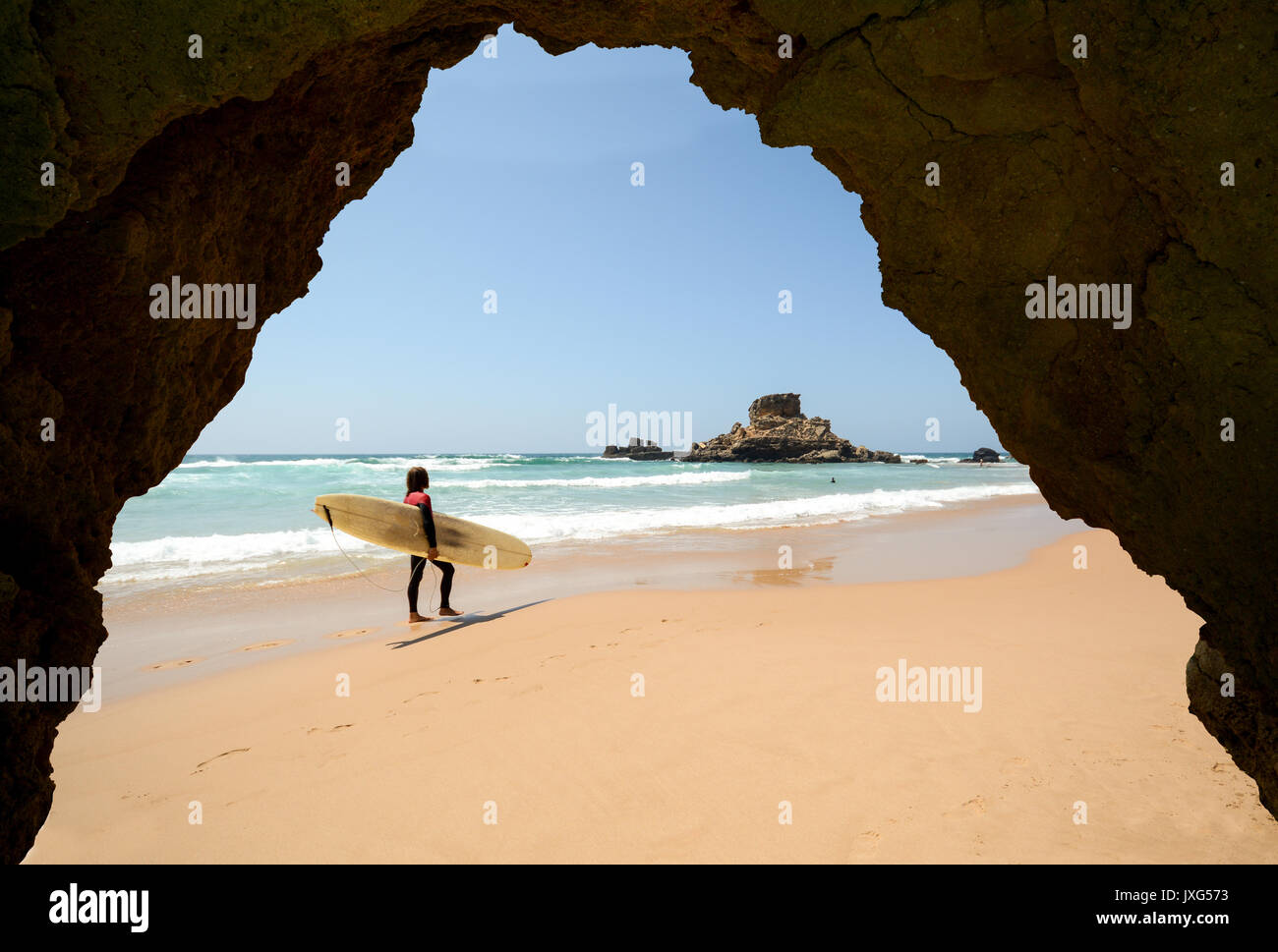 Surfer beach Praia do Castelejo near Vila do Bispo, Algarve Portugal ...