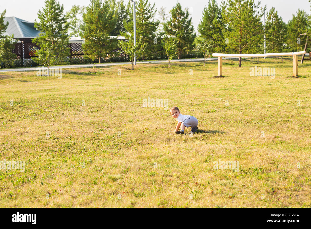 smiling boy in the field at sunny summer morning. boy in white shirt ...