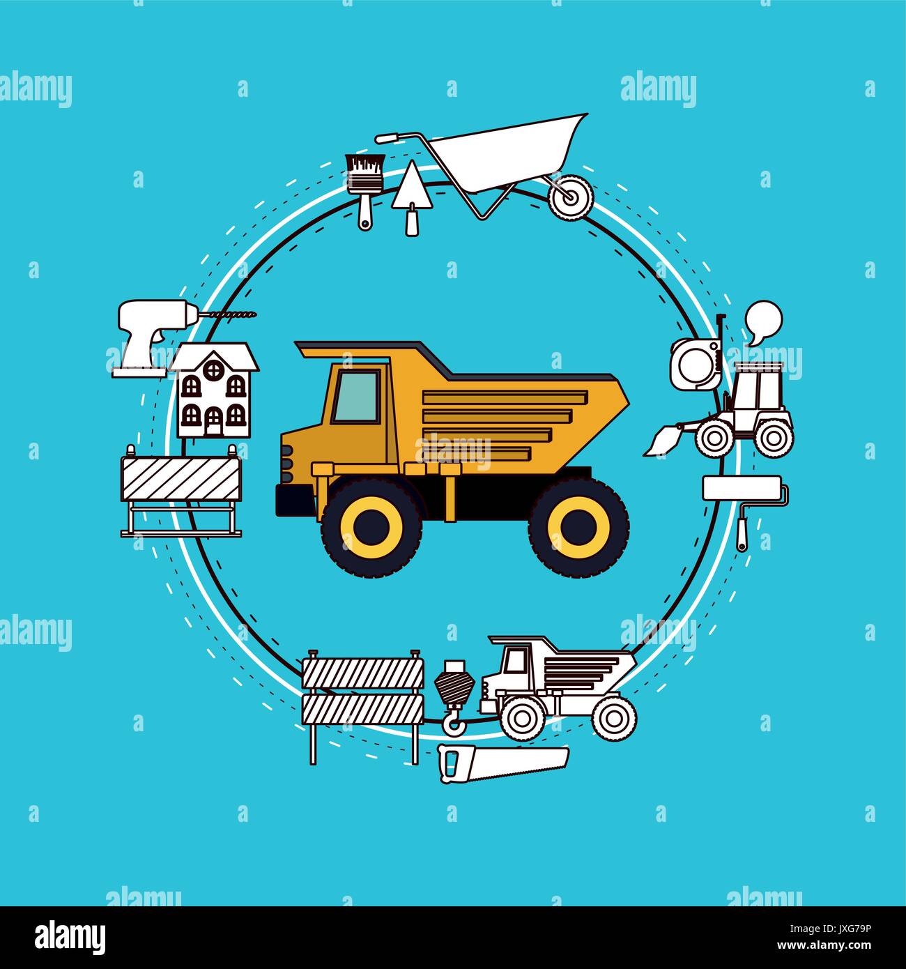 color background circular frame with dumb truck and tools for ...
