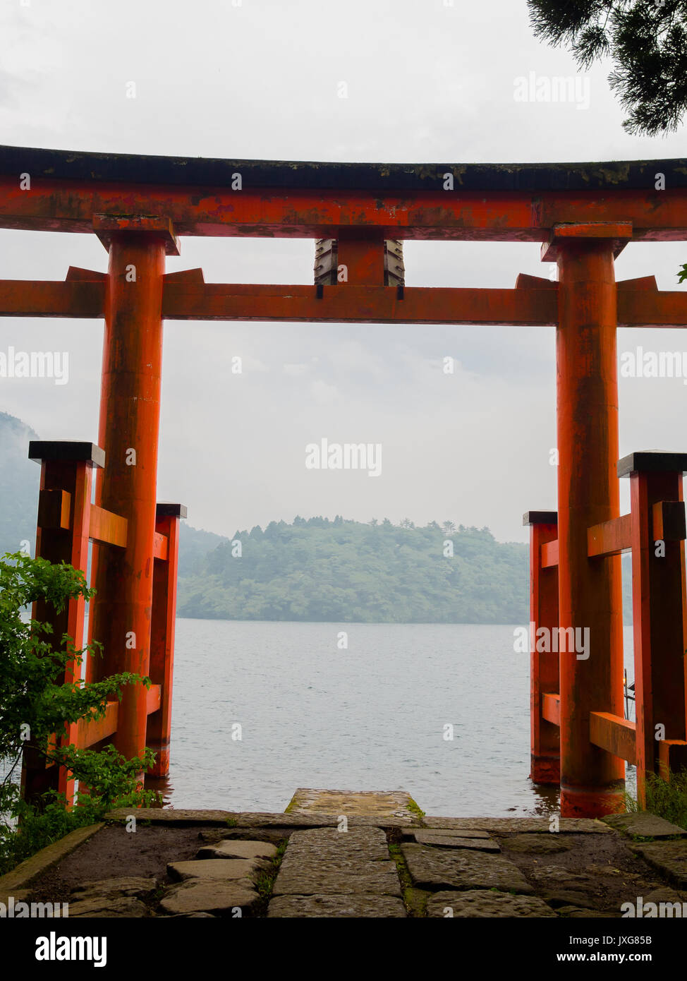 Bright red Torii gate submerged in the waters of Ashi lake, caldera ...