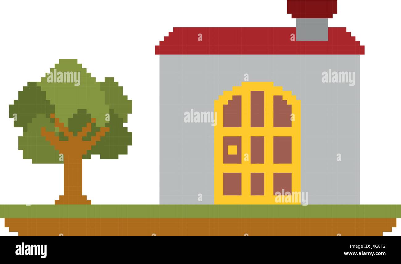 colorful pixelated house in meadow with tree Stock Vector Image & Art ...