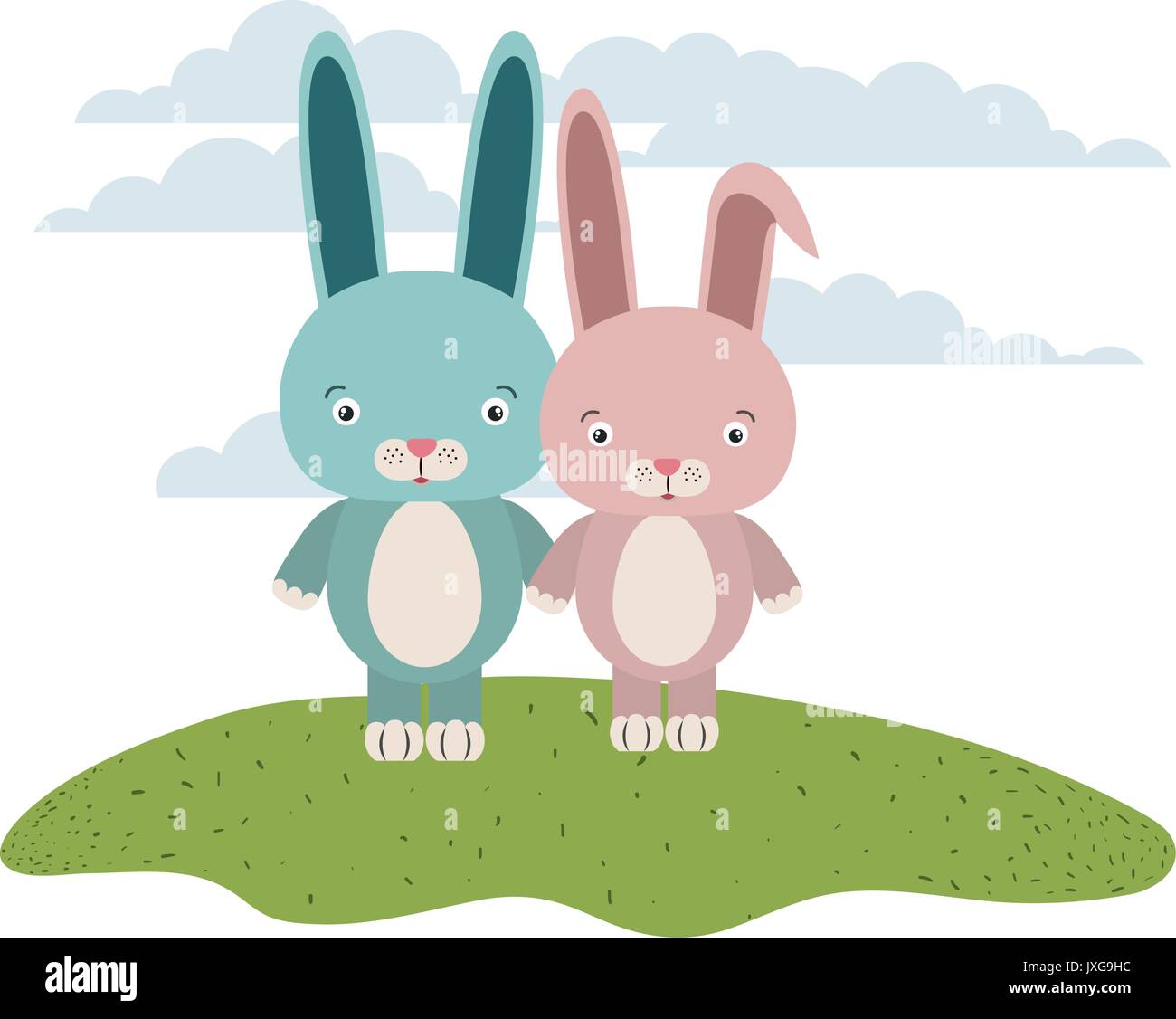 white background with color scene couple cute rabbits animals in grass ...