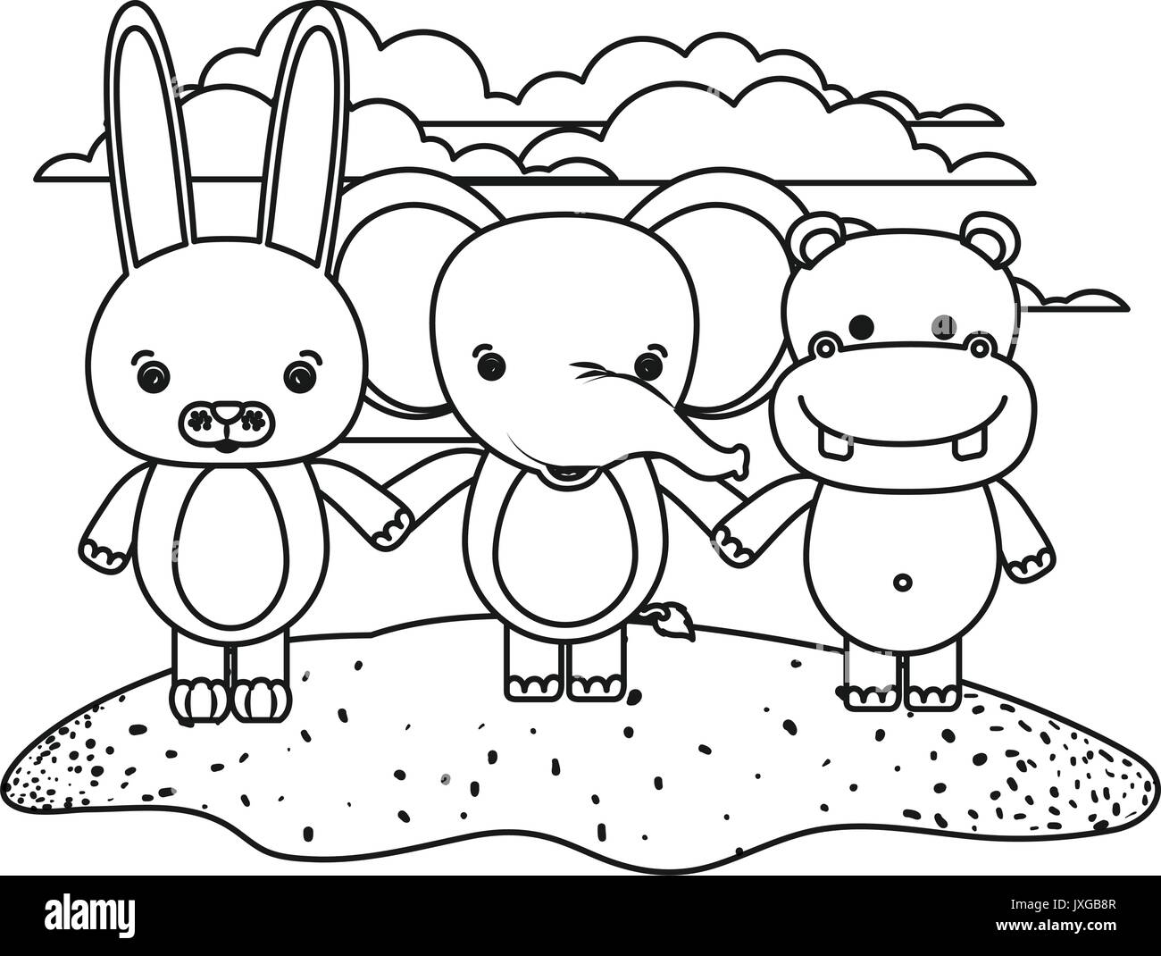 white background with silhouette scene rabbit elephant and hippopotamus ...