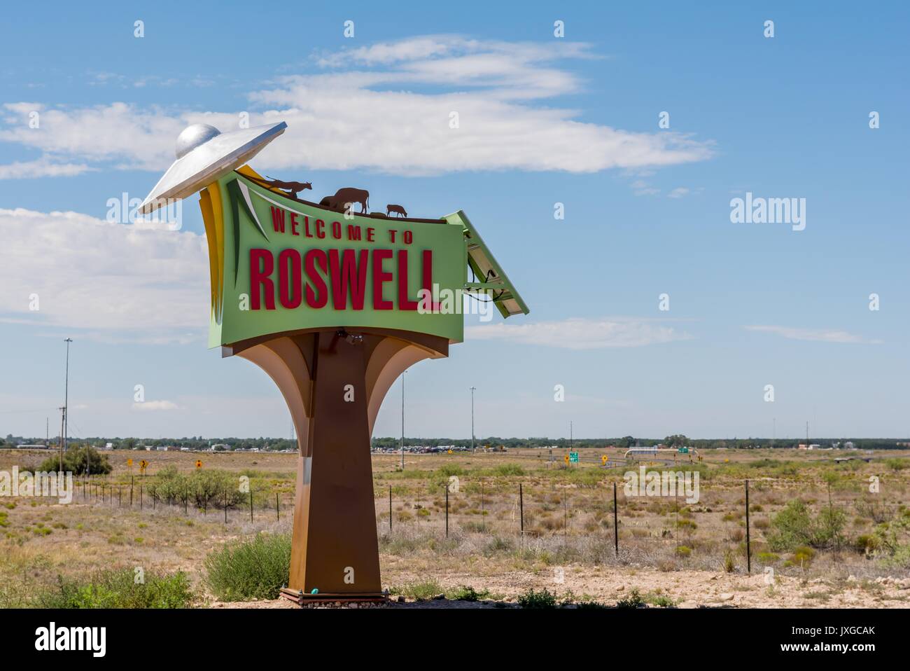 Welcome to Roswell sign with a flying saucer UFO at the city limits of ...