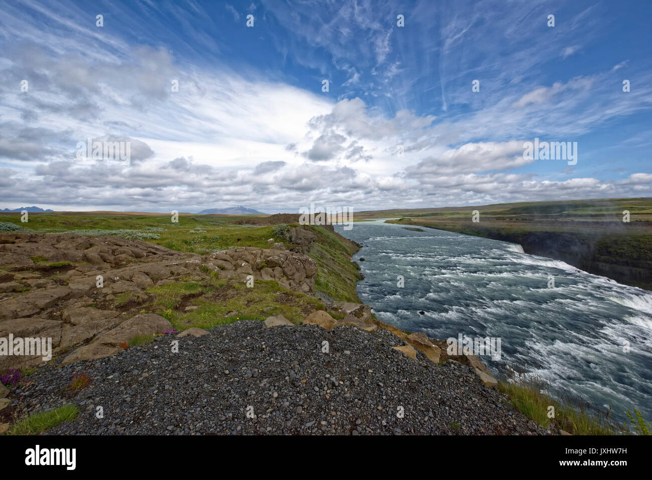Gullfoss Falls, Golden Falls, drops 32 meters, 105 ft into a canyon ...