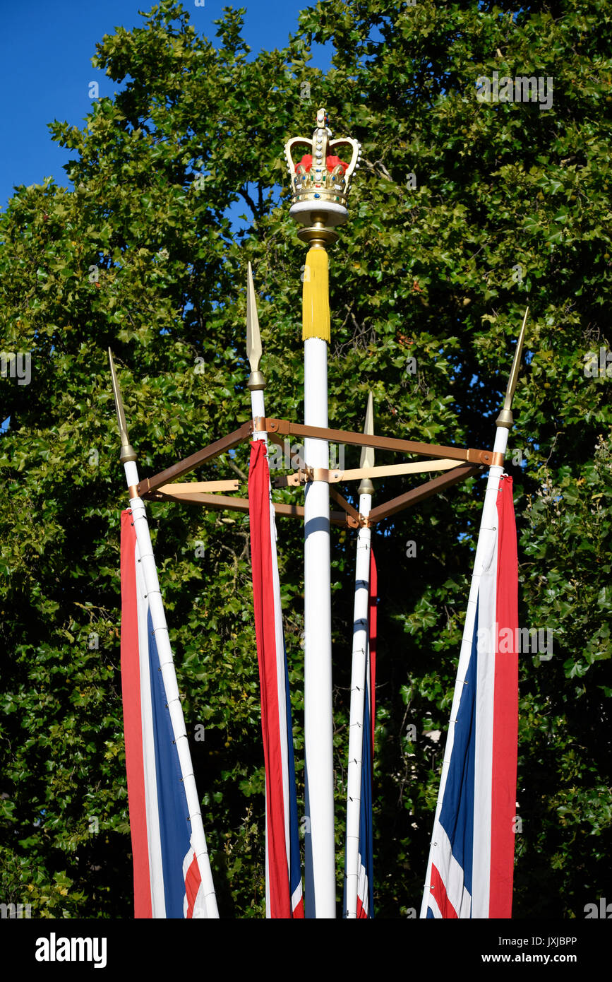 Decorative flag pole lining The Mall with jewelled crown topping and ...