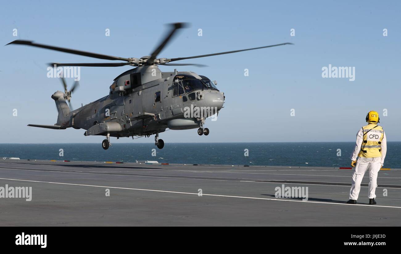 A crew member guides a Merlin helicopter in to land on the flight deck ...