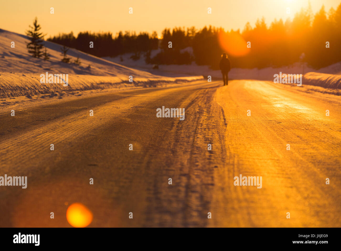 Frozen country with road and snow Stock Photo - Alamy