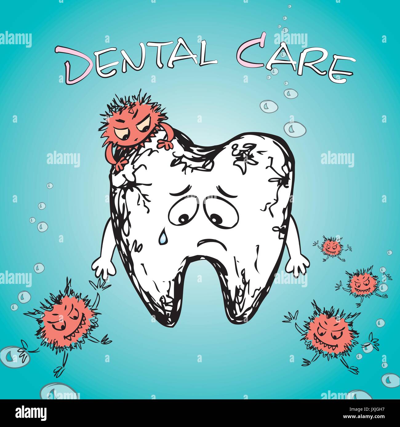 cartoon sick tooth with bacteria, hand drawn vector Stock Vector Image ...