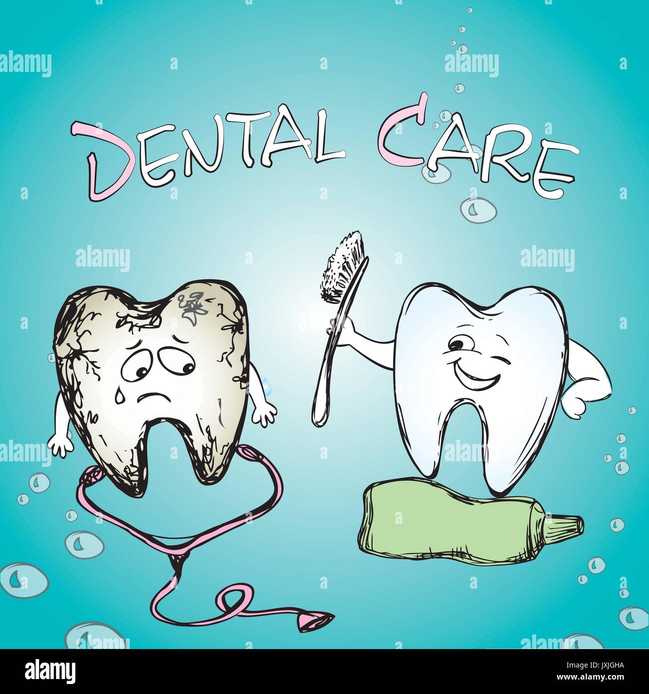 Healthy tooth smiling. Sick tooth . Sick tooth has caries hole. Vector ...