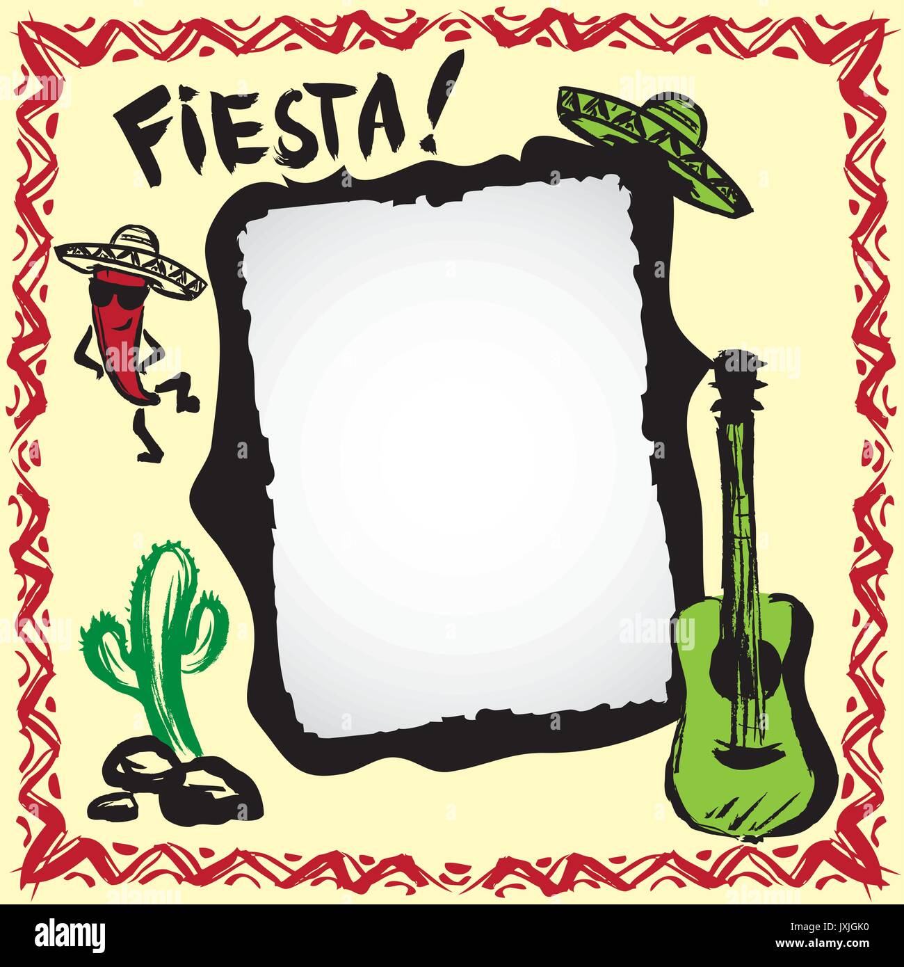 mexican fiesta frame with sombrero's, cactus, chili's and guitar, hand ...