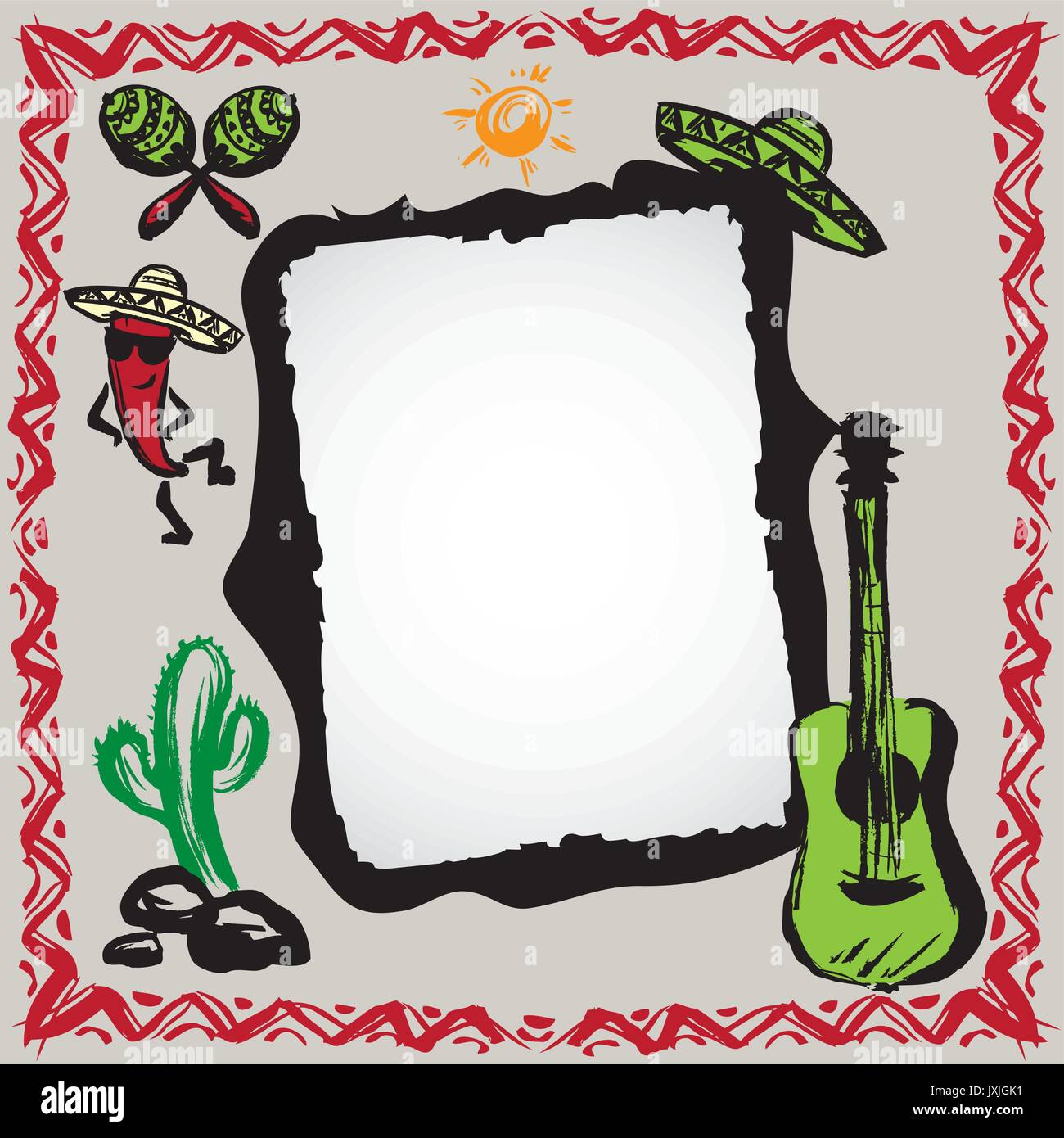 mexican fiesta frame with sombrero's, cactus, chili's and guitar, hand ...