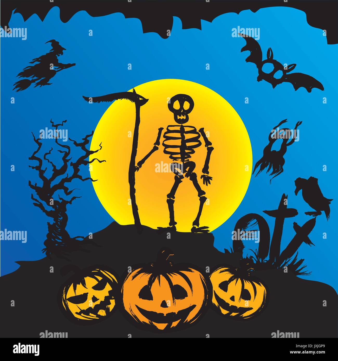Halloween skeleton on a graveyard. Scary background. Hand drawn vector ...