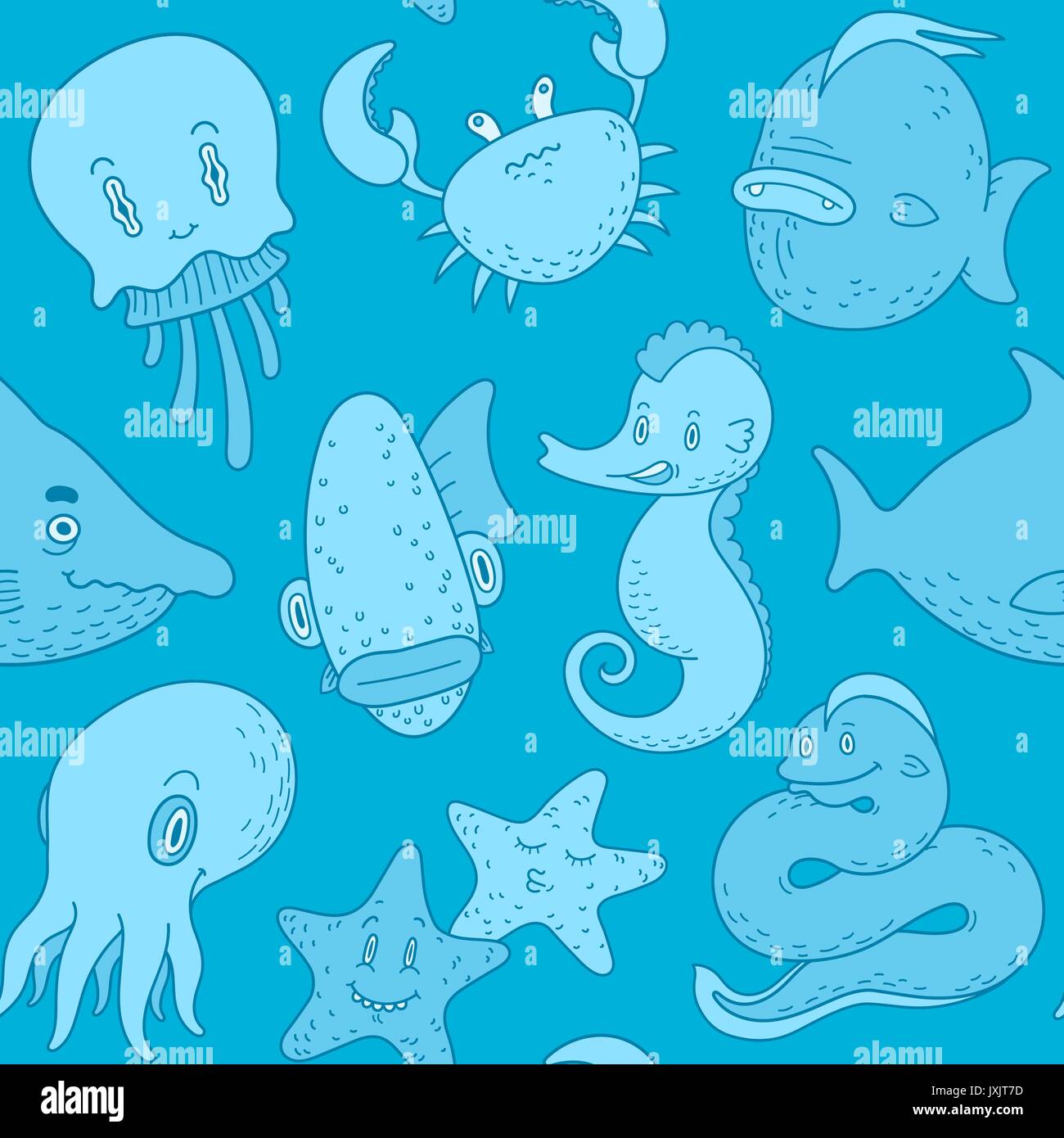 Seamless pattern of cute ocean animal doodles against a blue background ...