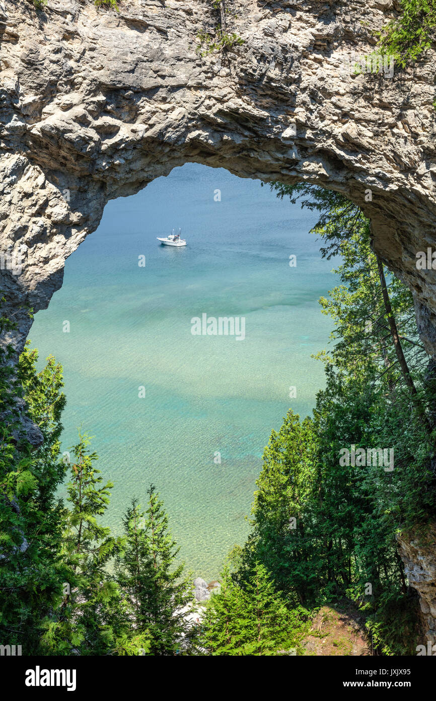 A view of Arch Rock on Mackinac Island in Northen Michigan, USA. This ...