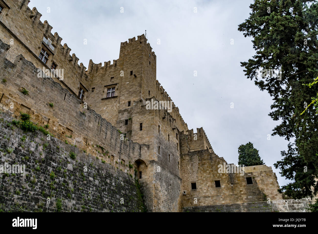 Walls of Rhodes old town and Grand Master Palace, view from the moat ...