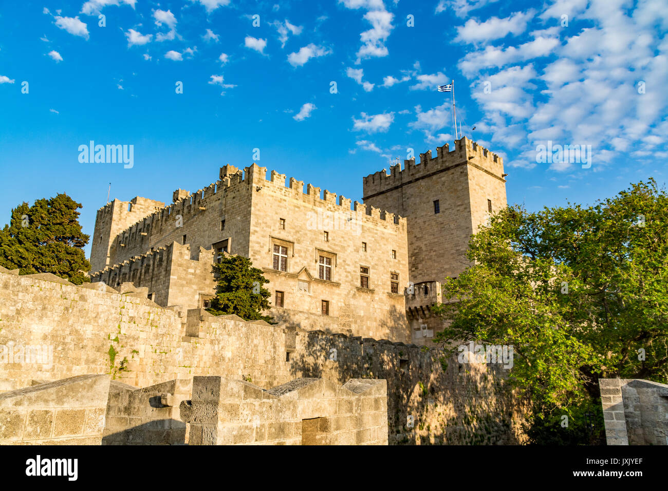 Walls of Rhodes old town and Grand Master Palace, view from the moat ...