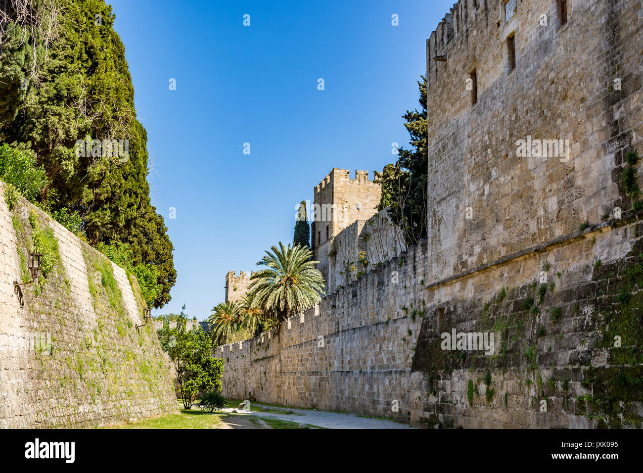 Walls of Rhodes old town and moat close to the Palace of the Grand ...