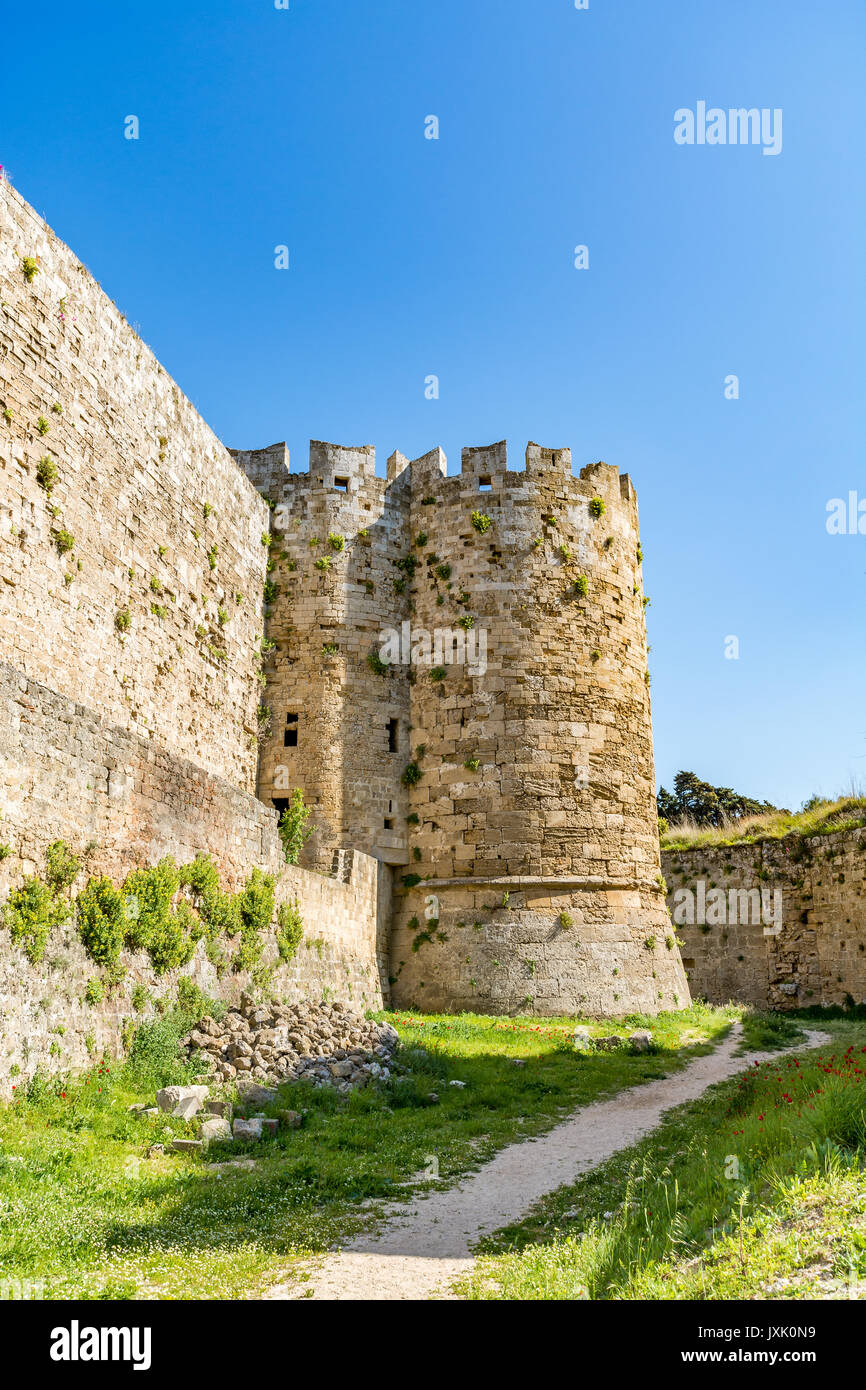 Amazing walls of a medieval city of Rhodes, Rhodes island, Greece Stock ...